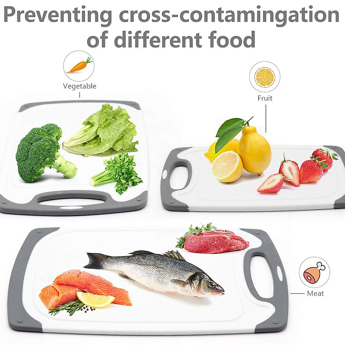 Cutting Boards for Kitchen, Plastic Chopping Board Set of 4 with Non-Slip Feet and Deep Drip Juice Groove, Easy Grip Handle