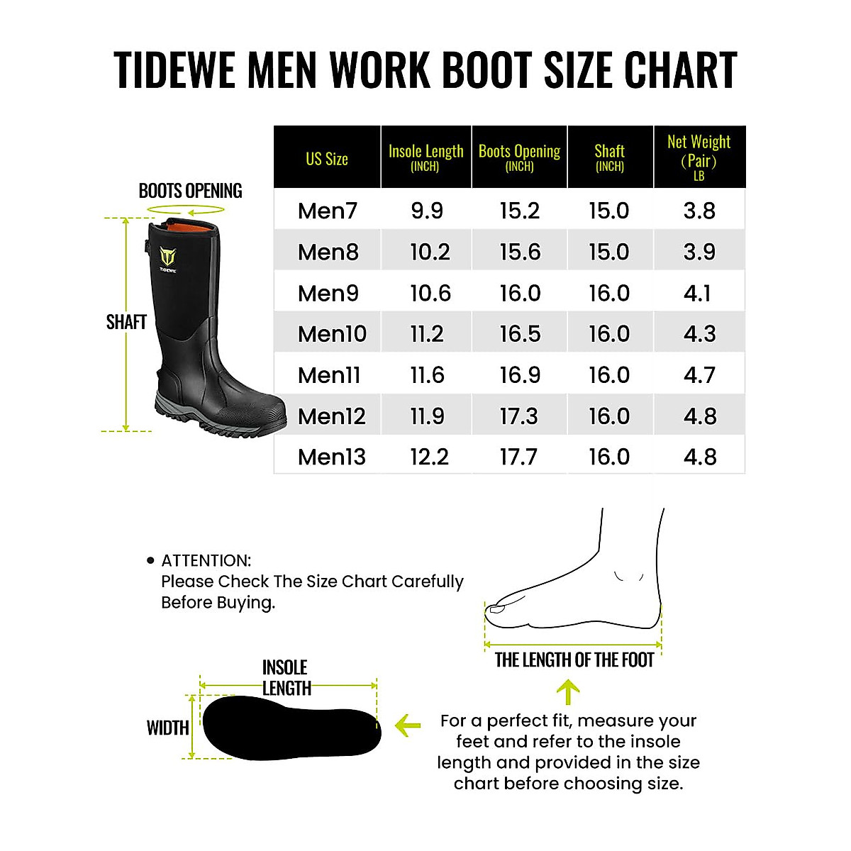 TIDEWE Puncture Proof Work Boots Men (Black, Size 7-13)