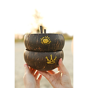 CocoNat Hand-painted Coconut Bowls with Spoon Set and No-Wobble Holders for serving Smoothies, 100% Natural - Durable - Eco Friendly, Handmade Organic Coconut Shells (Mermaid)