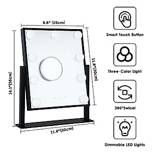 BWLLNI Lighted Makeup Mirror Hollywood Mirror Vanity Mirror with Lights, Touch Control Design 3 Colors Dimable LED Bulbs, Detachable 10X Magnification, 360°Rotation, Black.