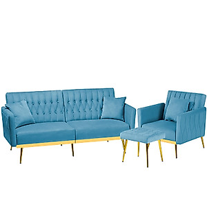 ACMEASE 2 Pieces Velvet Sofa Set with Adjustable Armrest and Backrest, 70” Convertible Futon Sofa Bed & Mordern Accent Chair with Ottoman for Living Room, Bedroom, Yellow