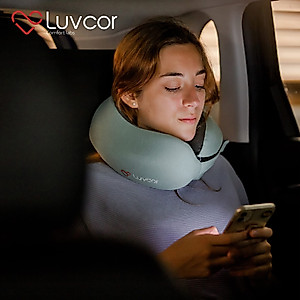 Luvcor Premium Quality Memory Foam Travel Neck Pillow Bundle - Best Ergonomic Pillow for Airplane Travel, car Ride, Sleeping. Comes with Eye mask, earplugs and Storage Bag. (Imperial Green)