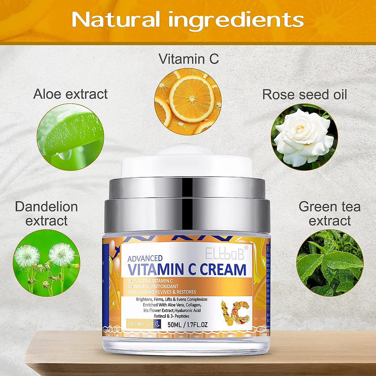 ELBBUB Vitamin C Moisturiser Cream for All Skin Types - for Age Spots and Uneven Skin Tone with 20% Vitamin C - Boost Skin Collagen,Hydrate & Plump Skin, Anti Aging & Wrinkle Facial Cream