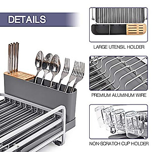 TOOLF Dish Rack and Drainboard Set, Extend Large Dish Drying Rack with Swivel Spout for Kitchen Counter or Sink, Expandable Dish Drainer Rack with Utensil Holder and Cup Holder (Expandable)