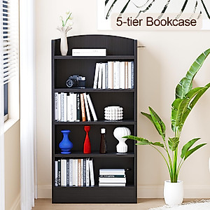 LERIJN 5 Tier Bookshelf for Bedroom, 47"" Wood Tall Bookcases and Bookshelves. Floor Standing Book Shelf Display Storage Shelves for Bedroom Library Living Room Home Office, Black