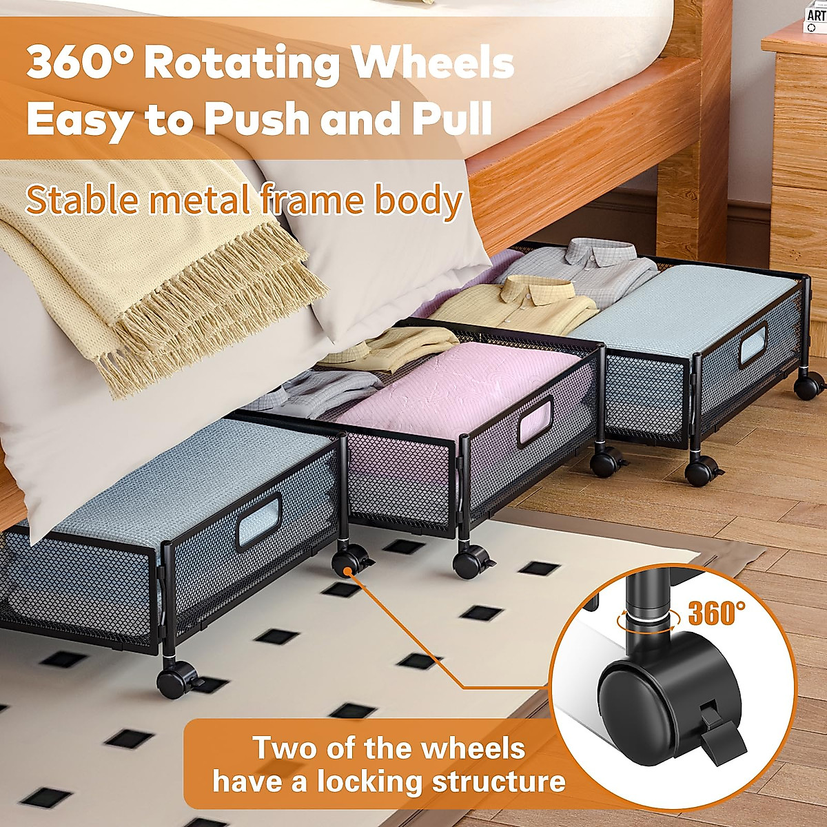 Lingusta Under Bed Storage with Wheels,Rolling Under Bed Storage Containers,Under Bed Shoe Storage,Under Bed Storage for Bedroom Clothes Shoes Blankets (2 pack, Black)