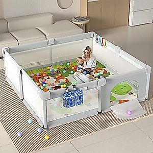 Baby Playpen with Mat 79" X 71", Extra Large Play Yard for Babies and Toddlers, Indoor/Outdoor Playpen, Sturdy Design with Gates, Play Pin, Baby Play Area with Ocean Balls