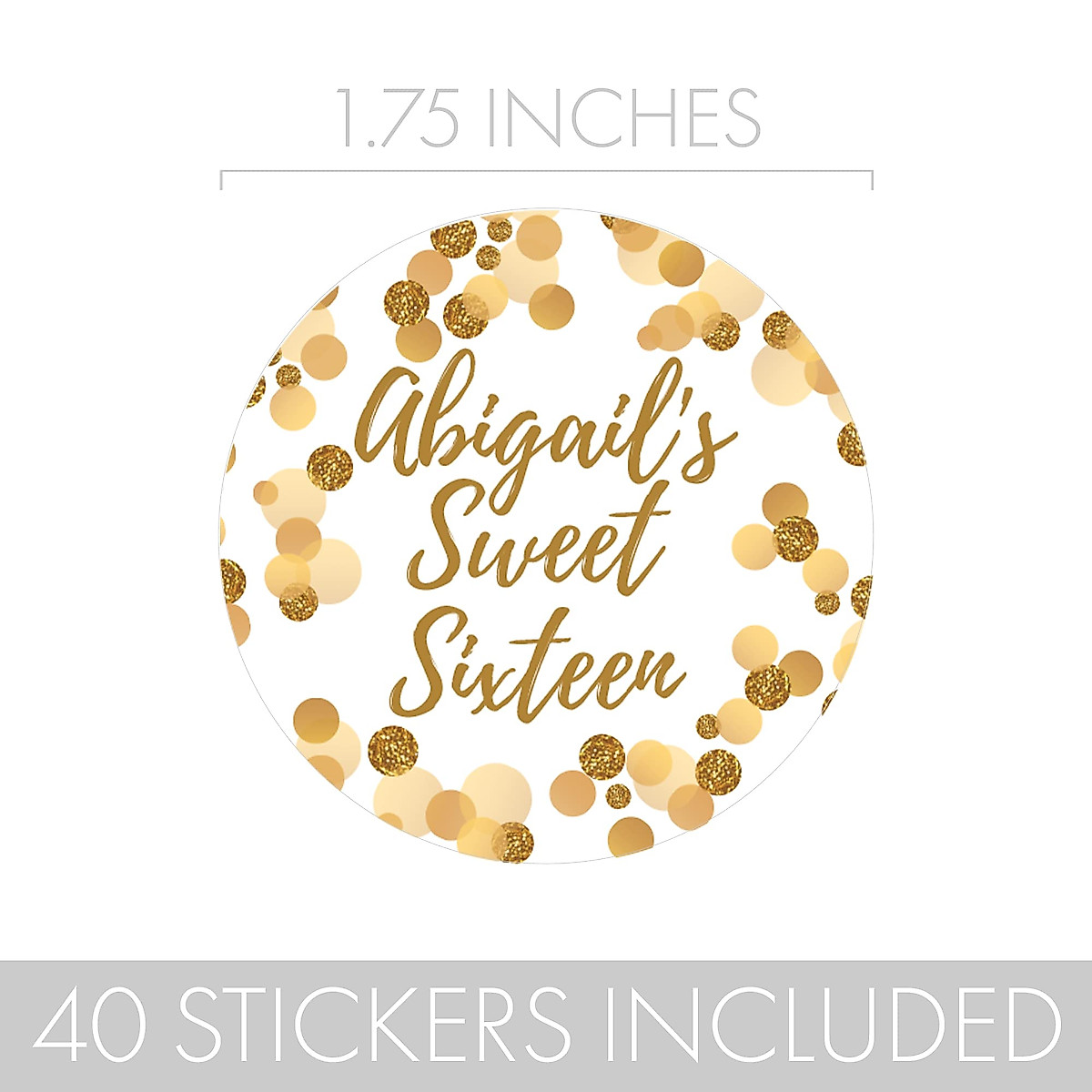 Personalized White and Gold Sweet 16 Birthday Party Favor Stickers with Name - Custom Envelope Seals, Bag Stickers - 1.75 in. Round - 40 Labels