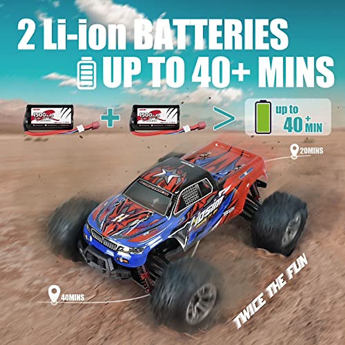 Hosim RC 4x4 Off Road Cars with 2 Batteries 1:16 All Terrain RC Monster Truck 40+ km/h Fast Buggy Remote Control Car for Adults and Children (Red)