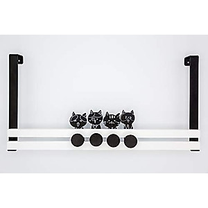 Creathome Over The Door Rail with 4 Peg Hooks, Lovely Cat Pattern, Black and White Style