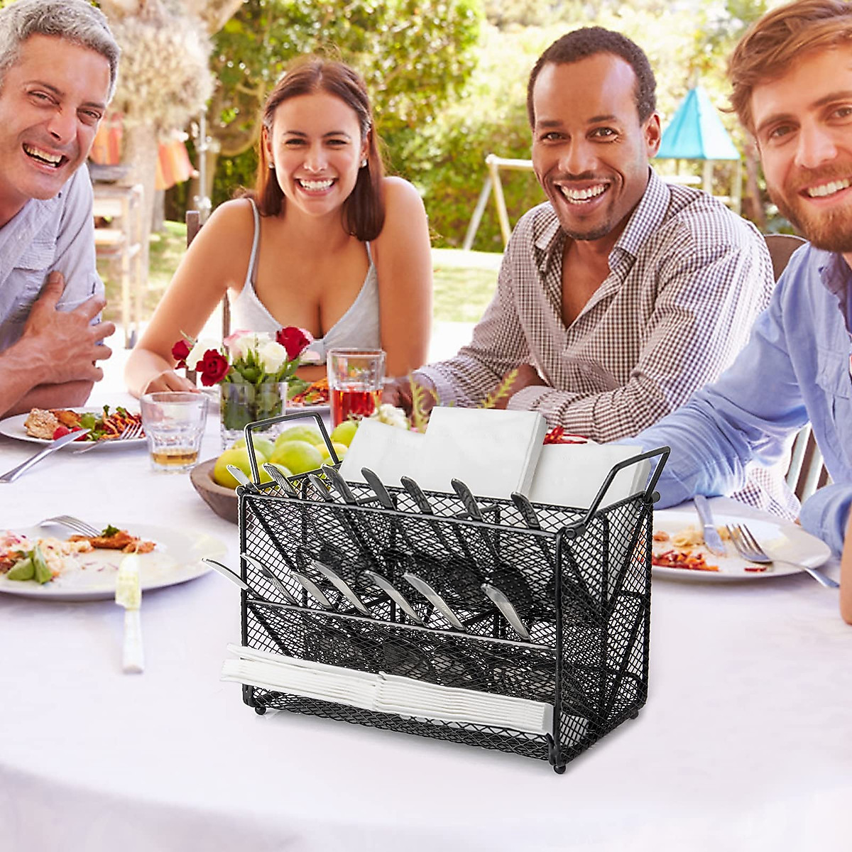 SUICGYU Utensil Holder for Countertop,Mesh Utensil Silverware Caddy 12 Compartments ,Cutlery Holder for Picnics Camping Outdoor Grill RV