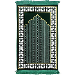 Modefa Turkish Islamic Prayer Rug - Thin & Lightweight Velvet Praying Carpet - Soft Muslim Praying Mat Janamaz - Ramadan or Eid Gift for Men & Women - with Car Hanger - Vined Arch (Green)