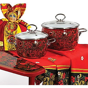 HOMEHUT Traditional Khokhloma Vitross Imperio Enamelware Pot - Durable Enameled Steel Heat-Resistant Stock Pot Set with Glass Lid, Hygienic and Dishwasher Safe 4L