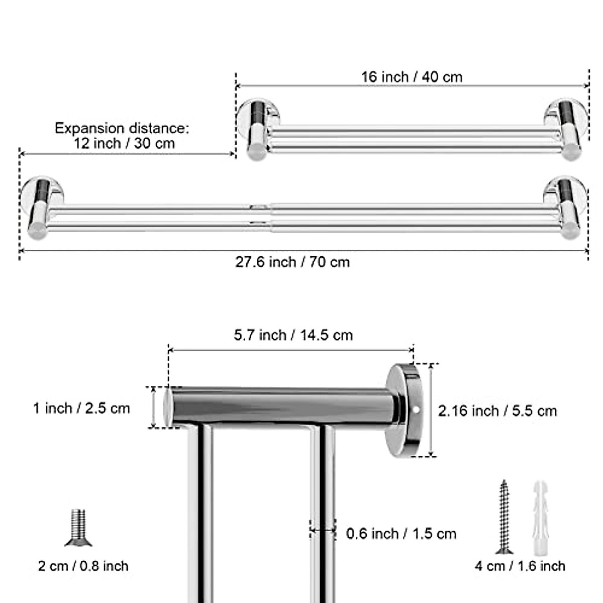 Adjustable 16 to 27.6 Inch Double Bath Towel Bar, ZUEXT Chrome Finished Stainless Steel Towel Holder Hanger, Wall Mount Expandable Hand Towel Rod for Bathroom Kitchen, 1" Tube Towel Rail Rack w/Hooks