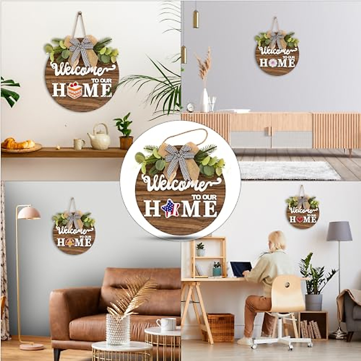 Interchangeable Seasonal Welcome Sign Front Door Decor– 30cm diameter Wooden welcome to our home wreath for home decor and Magnetic Interchangeable Icons, Suitable for all Occasions