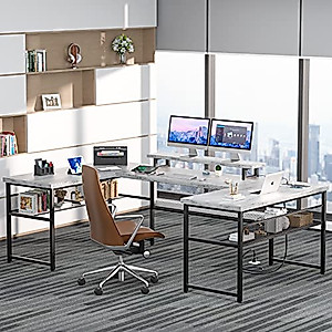 Unikito U Shaped Computer Desk with Power Outlet and LED Strip, Reversible L Shaped Office Desk with Monitor Stand and Bookshelf, Modern U- Shape Corner Desk, 130 Inch 2 Person Gaming Table, White Oak