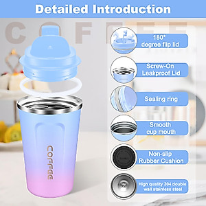 JTRYEMU Travel coffee mug 12 oz Insulated Coffee cup with lid reusable Leak proof Coffee Tumbler Stainless Steel Vacuum Gradient Colorful Thermos cup Thermal Keeps Cold and Hot for Coffee/Tea