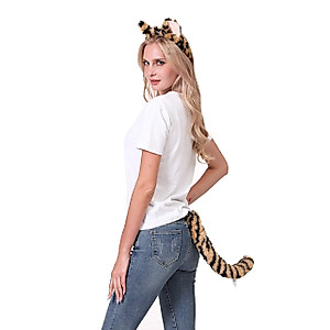 Soul Young Lion Wolf Faux Fur Ears and Tail Halloween Costume Party Cosplay Animal Accessory Set(One Size,Tiger)