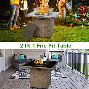 Kinsunny Outdoor Square Propane Gas Fire Pit Table, 30" Fire Pit Table Brown Firepits for Outside Patio with Cover,Blue Fire Glass