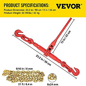 VEVOR Chain Load Binder, 5/16" Tie Down Kit w/ 6600LBS Working Load Capacity and Two Grab Hooks, Includes (4) Ratchet Binders - (4) 21' Grade 80 Chains, Transport Load Package for Hauling, Towing