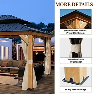 RICHRYCE 13' x 15' Solid Wood Gazebo, Hardtop Gazebo Plastic Sprayed Metal Roof Outdoor Gazebo Canopy Double Vented Roof Pergolas Wood Frame with Netting and Curtains for Garden, Patio, Lawns