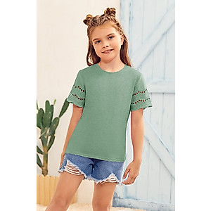 Geckatte Kids Girls' T-Shirts Short Sleeve Crewneck Cutout Summer Casual Solid Basic Tee Shirts Tops 5-14 Years Light Green