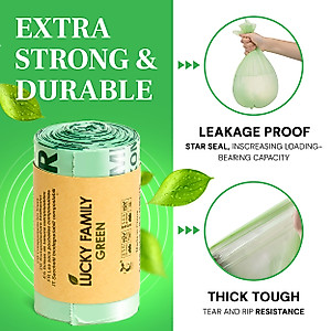 Lucky Family Green Compost Bags for Kitchen Countertop Bin -1.3 gallon trash bags to 1.6 Gallon trash bags - 100% Compostable Trash Bags for Food Waste, Organic Biodegradable Bags