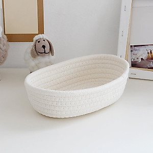 Small Woven Rope Storage Basket with Handles Spring Mini Oval Decorative Hampers for Empty Chest Box 3 Sizes(White 10''L x 6"W x 3''H) Clearence