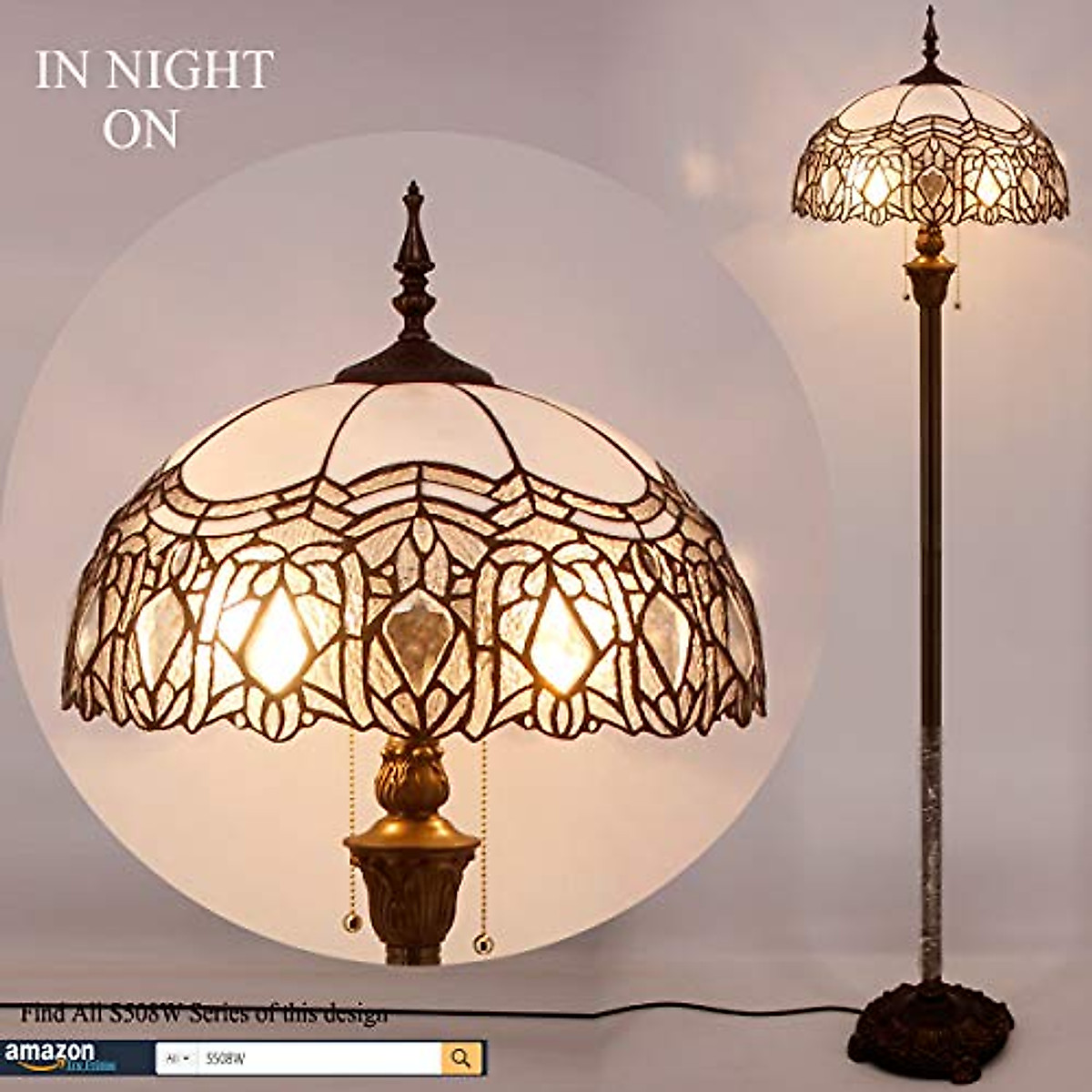 WERFACTORY Tiffany Floor Lamp Crystal Bead White Stained Glass Standing Reading Light 16X16X64 Inches Antique Pole Corner Lamp Decor Bedroom Living Room Home Office S508W Series