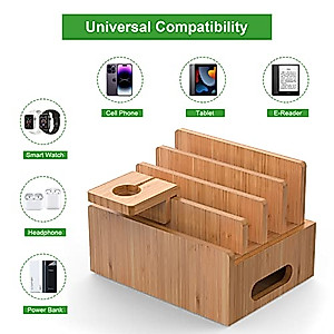 BEEBO BEABO Bamboo Charging Station, Wood Holder Docking Stand, Cell Phone Charging Stations Compatible with Phone, Tablet, Watch(Include 5 Port USB Charger, 6 Charging Cables and Watch Stand)