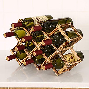 Ferfil Wine Rack, Wood Wine Storage Racks Countertop, 10 Bottle Wooden Stackable Wine Cellar Racks, Foldable Tabletop Free Standing Wine Bottle Stand Holder Display Shelf for Home Kitchen Bar Cabinets