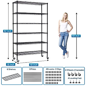 Storage Shelves Metal Shelf Wire Shelving Unit with Wheels 6 Tier NSF Certification Height Adjustable Garage Shelving Utility Steel Heavy Duty Commercial Grade Shelving Rack for Garage Pantry Kitchen