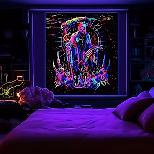 Blacklight Skull Tapestry for Bedroom, Hippie Grim Reaper and Skeleton Posters Wall Hanging for Men Room Decor, Large Black Light Cool Gothic Tapestries for Men Living Room Dorm Decor (60in x 79in)