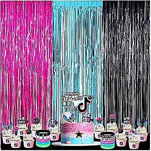 TIK Tok Birthday Decorations TIK TOK Party Photo Backdrop, TIK Tok Party Decorations Fuchsia Black Teal Foil Curtains for TIK Tok Party