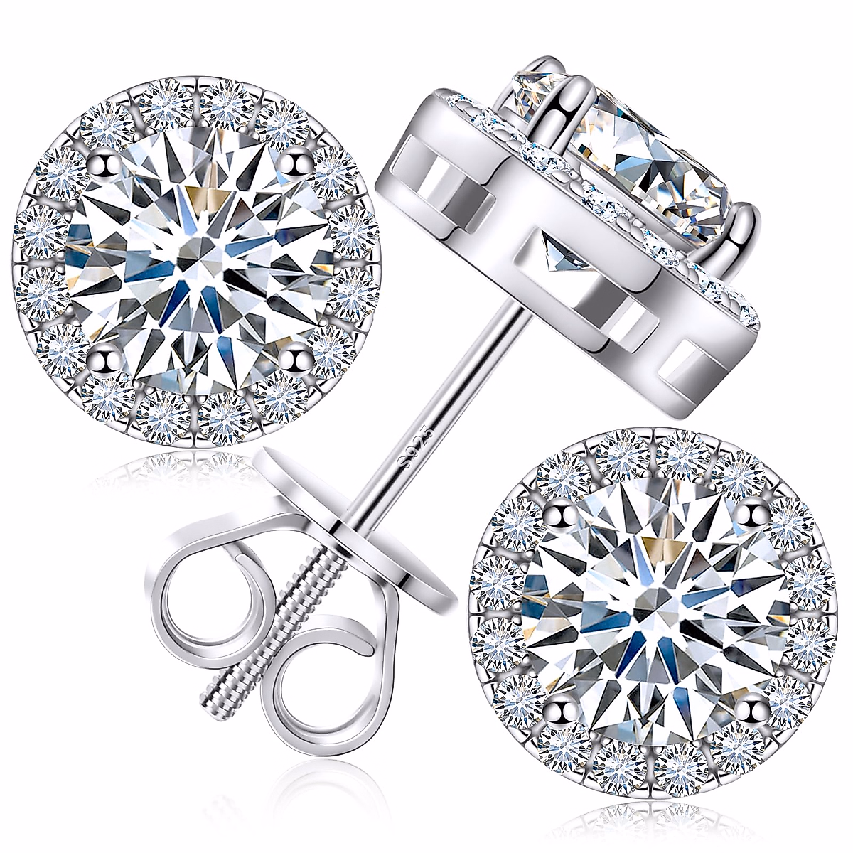 Moissanite Halo Earrings Screw Back 4.0CT 8MM*2 18K White Gold Plated 925 Sterling Silver Lab Round Cut Brilliant D Color VVS1 Clarity Moissanite Diamond Stud Earrings for Women Men