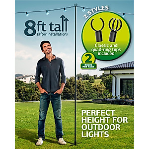 BACKYARD THERAPY Outdoor String Light Poles - 9ft Pole for Hanging Lights Outside - Galvanized & Powder Coated - Secure Ground Grip Stand - Garden, Deck, or Patio Area Lighting (2-Pack)