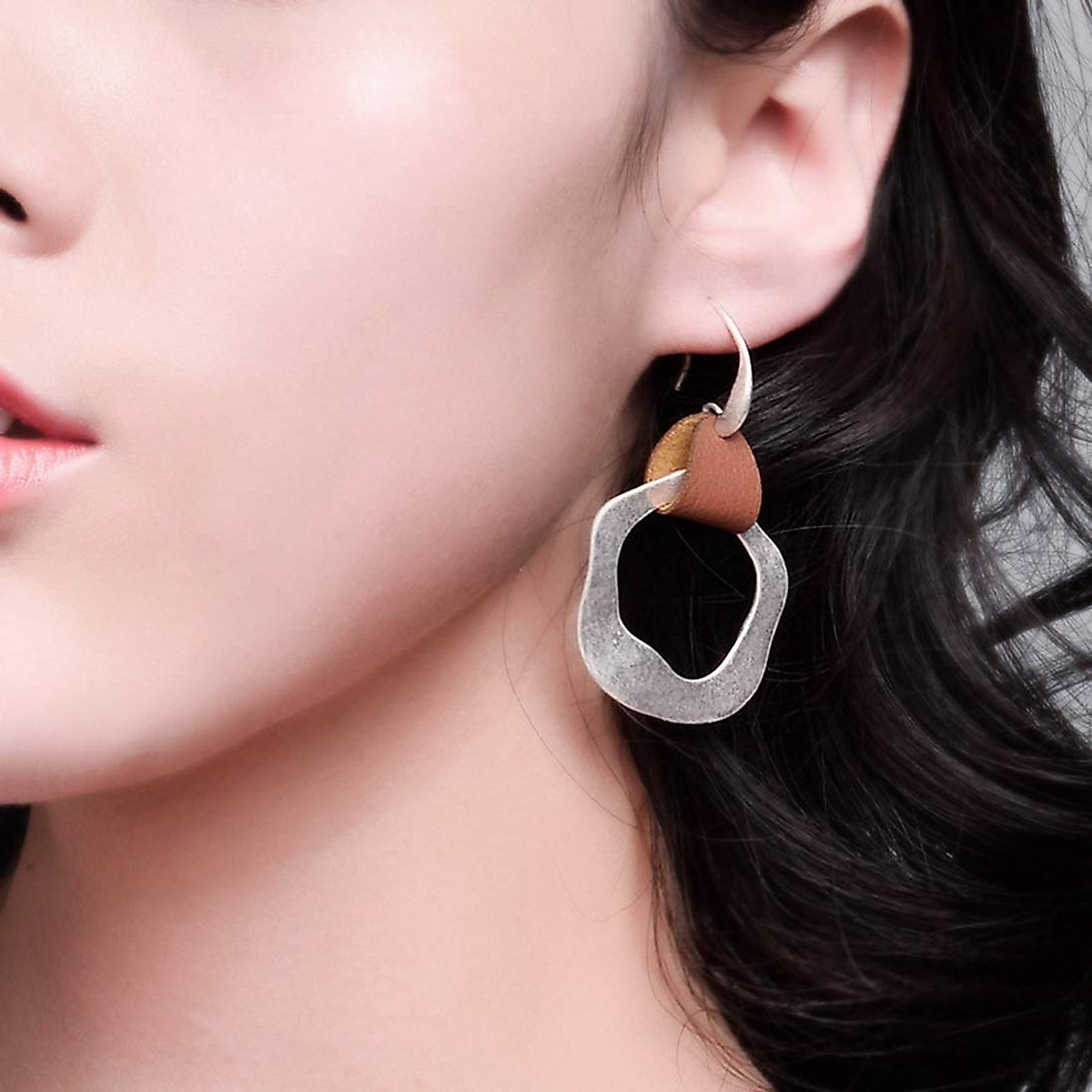 CrownUS Leather Hammered Earring Packs Boho for Women Ladies Silver Plated Irregular Geometric Dangle Drop Ear Jewelry