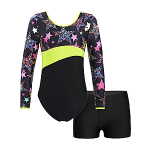 Daenrui Kids Girls Long Sleeve Gymnastics Leotards with Shorts Biketard 2 Pieces Ballet Dance Outfits Tracksuit Starry 12 Years