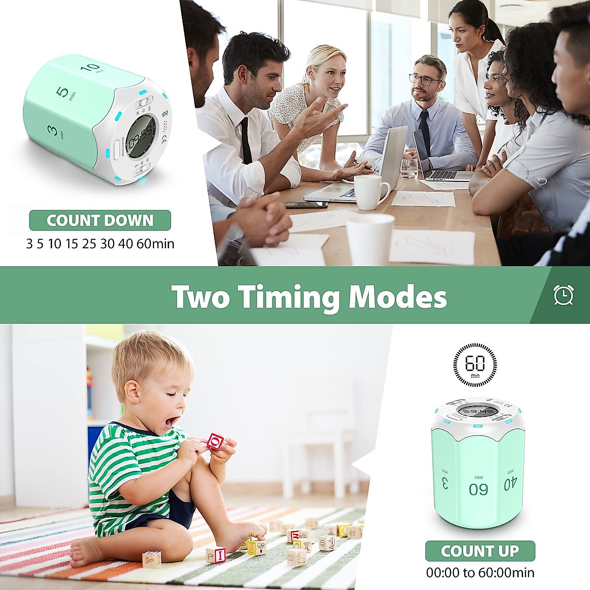 Pomodoro Timer, 8 Sides Visual Magnetic Timer, Digital Cube Flip Timer, Countdown & Count up Timer, Silent & Alarm, Rotating Productivity Timer for Time Management Work Study Exercise(Green)