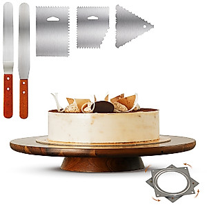 13" Acacia Cake Stand Rotating – Rustic Wood Pedestal Stands Turntable with 2 Icing Spatulas, 3 Smoothers – Wooden Spinning Cake Decorating Serving for Cupcake Dessert Display in Party, Wedding