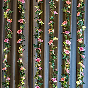 4 Pack (32FT) Artificial Rose Vine Fake Flowers Garland Hanging Silk Rose Ivy Plants Vine for Wedding Arch Party Garden Home Bedroom Office Wall Aesthetic Art Décor (Pink)