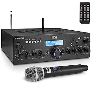 Pyle Wireless Microphone Power Amplifier System- 200W Dual Channel Sound Audio Stereo Karaoke Speaker Receiver w/USB, AUX, Microphone IN w/Echo, Radio, Home Theater via RCA, Studio Use - Pyle PDA8BUWM