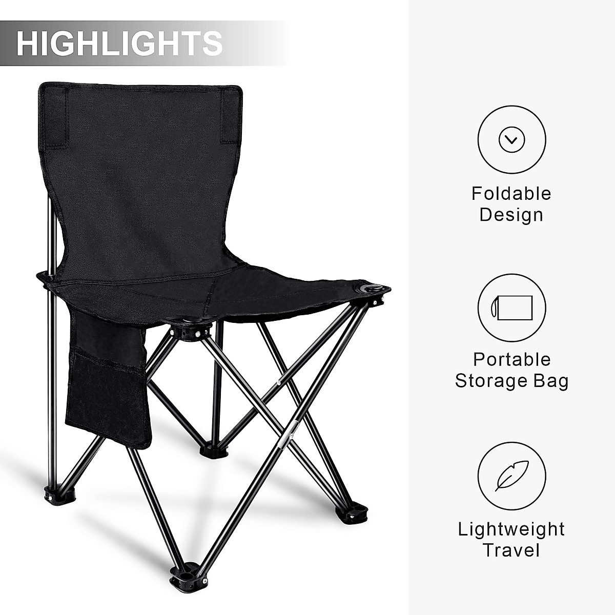 ReeMoo Camping Chair, Portable Folding Chair with Side Pocket and Storage Bag, Easy Folding and Storage, Folding Chair Suitable for Fishing, Travel, Beach, Picnic, Lawn Outdoor
