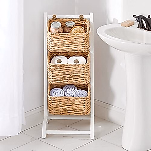 mDesign Water Hyacinth 3-Tiered Storage Baskets Floor Stand with Market Basket Storage Bins - Vertical Standing Rack for Living Room, Laundry, Bedroom, Bathroom, Office Organization - White/Natural