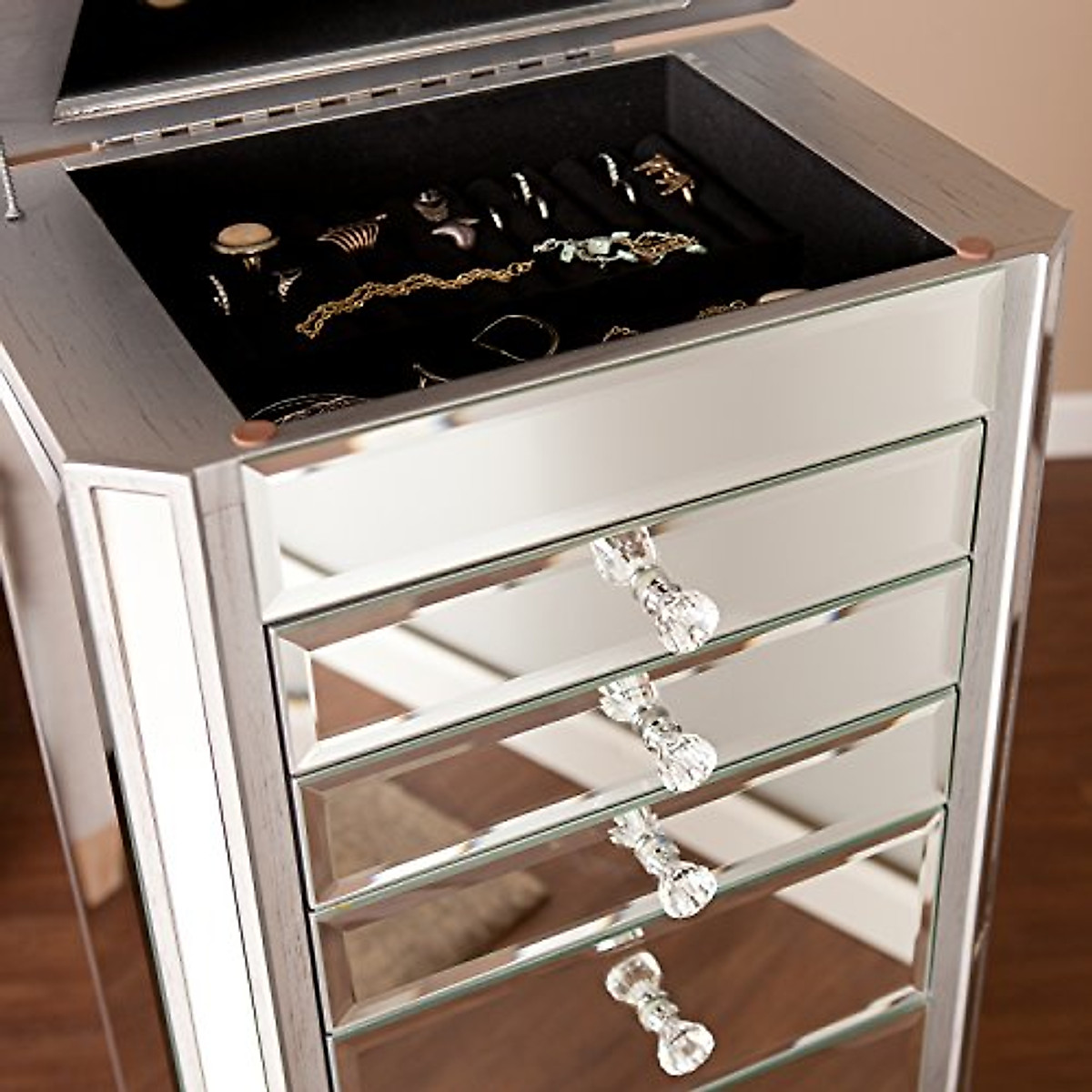 SEI Furniture Mirrored Jewelry Armoire Southern Enterprises Margaux MirroredArmoire, Silver, (AMZ2157SJ)