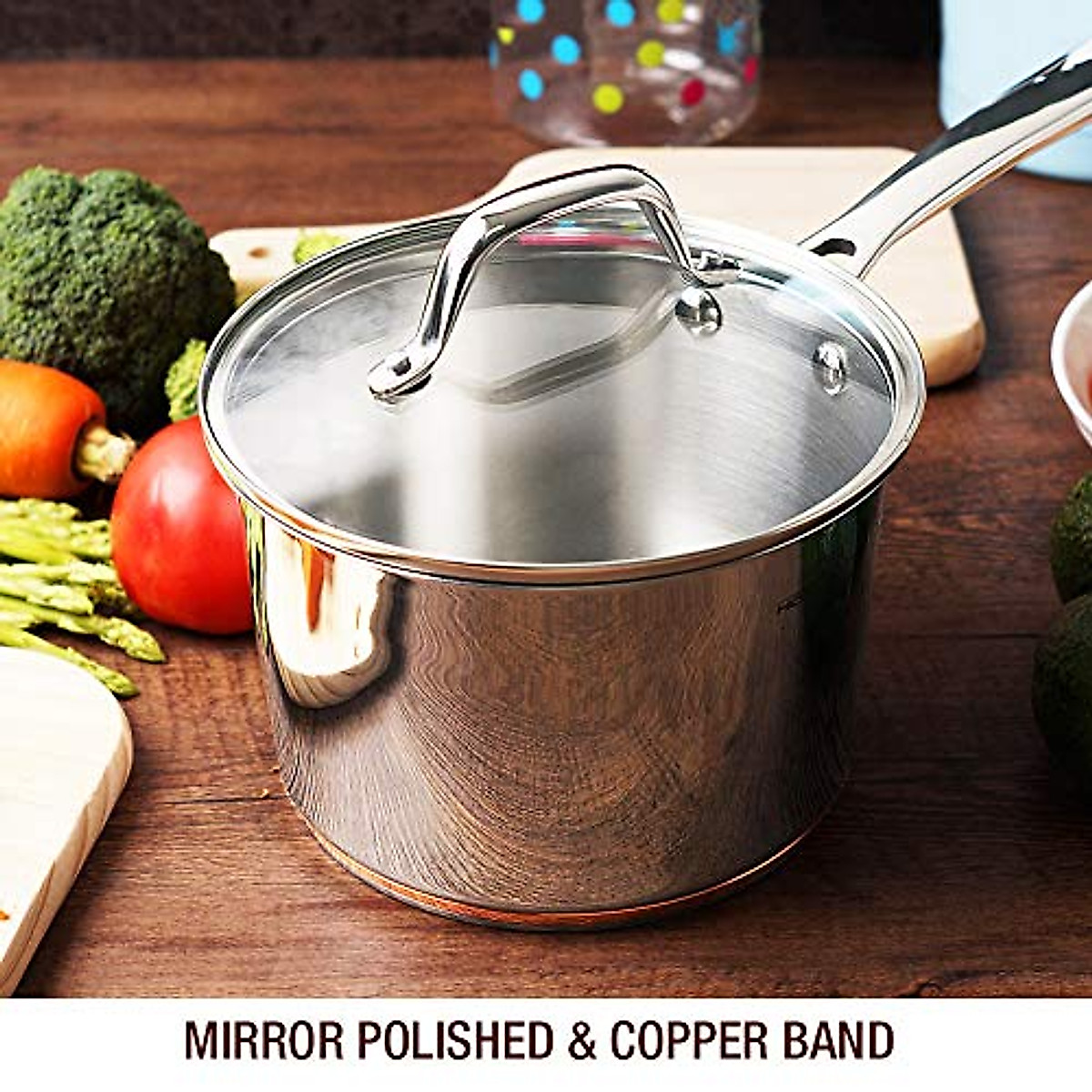 HOMI CHEF Mirror Polished NICKEL FREE Copper Band Stainless Steel 2.5 QT Sauce Pan with Glass Lid (No Toxic Non Stick Coating, 7 Inch) - Cookware Set - Cookware Pots And Pans Sets