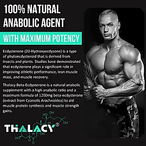 Thalacy 1200MG Beta Ecdysterone Supplement, 98% Maximum Purity Ecdysterone Supplements for Lean Muscle Mass, Athletic Performance & Strength, 60 Capsules