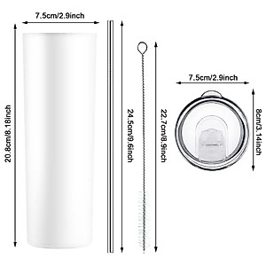 Munskine 4 Pack Sublimation Tumblers 20 Oz Skinny Stainless Steel Double Wall Tumbler Blanks - Sublimation Tumblers with Lid, Straw, Brush & Shrink Wrap -White