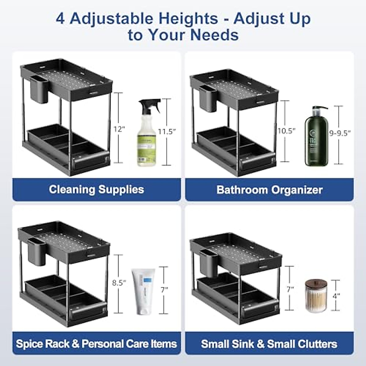 ESSBLIN Under Sink Organizer,1 Pack Height Adjustable Under Cabinet Storage for Bathroom Kitchen Cleaning Supplies with Hooks Hanging Cup,2 Tier Sturdy Large Capacity Pull Out Drawer Black