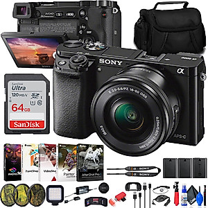 Sony Alpha a6000 Mirrorless Camera with 16-50mm Lens (ILCE6000L/B) + Filter Kit + 64GB Card + 2 x NPF-W50 Battery + Card Reader + LED Light + Corel Photo Software + Case + Flex Tripod + More (Renewed)
